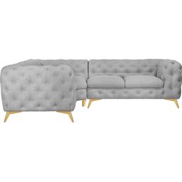 Chesterfield-Sofa LEONIQUE "Ecksofa GLYNIS L-Form mit Wellenunterfederung, Maße B/T/H 264/204/75cm", grau, B:264cm H:75cm T:204cm, Struktur (100% Polyester);Samtoptik (100% Polyester), Sofas, aufwändige Knopfheftung, moderne Chesterfield Optik, Fußfarbe wählbar