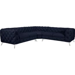 Chesterfield-Sofa LEONIQUE "Ecksofa GLYNIS L-Form mit Wellenunterfederung, Maße B/T/H 264/264/75cm", blau (deep ocean), H:75cm T:264cm, Struktur (100% Polyester);Samtoptik (100% Polyester), Sofas, aufwändige Knopfheftung, moderne Chesterfield Optik, Fußfarbe wählbar