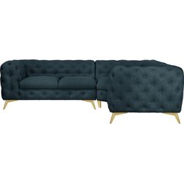 Chesterfield-Sofa LEONIQUE "Ecksofa GLYNIS L-Form mit Wellenunterfederung, Maße B/T/H 264/204/75cm", blau (petrol), B:264cm H:75cm T:204cm, Struktur (100% Polyester);Samtoptik (100% Polyester), Sofas, aufwändige Knopfheftung, moderne Chesterfield Optik, Fußfarbe wählbar