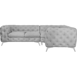 Chesterfield-Sofa LEONIQUE "Ecksofa GLYNIS L-Form mit Wellenunterfederung, Maße B/T/H 264/204/75cm", grau, B:264cm H:75cm T:204cm, Struktur (100% Polyester);Samtoptik (100% Polyester), Sofas, aufwändige Knopfheftung, moderne Chesterfield Optik, Fußfarbe wählbar