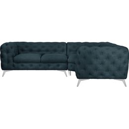 Chesterfield-Sofa LEONIQUE "Ecksofa GLYNIS L-Form mit Wellenunterfederung, Maße B/T/H 264/204/75cm", blau (petrol), B:264cm H:75cm T:204cm, Struktur (100% Polyester);Samtoptik (100% Polyester), Sofas, aufwändige Knopfheftung, moderne Chesterfield Optik, Fußfarbe wählbar