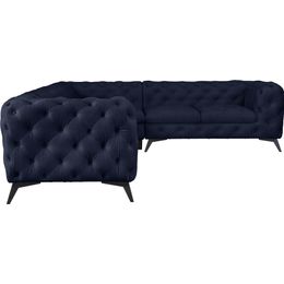 Chesterfield-Sofa LEONIQUE "Ecksofa GLYNIS L-Form mit Wellenunterfederung, Maße B/T/H 323/264/75cm", blau (deep ocean), B:323cm H:75cm T:264cm, Struktur (100% Polyester);Samtoptik (100% Polyester), Sofas, aufwändige Knopfheftung, moderne Chesterfield Optik, Fußfarbe wählbar