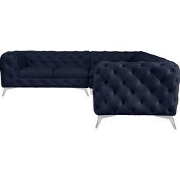 Chesterfield-Sofa LEONIQUE "Ecksofa GLYNIS L-Form mit Wellenunterfederung, Maße B/T/H 323/264/75cm", blau (deep ocean), B:323cm H:75cm T:264cm, Struktur (100% Polyester);Samtoptik (100% Polyester), Sofas, aufwändige Knopfheftung, moderne Chesterfield Optik, Fußfarbe wählbar