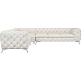 Chesterfield-Sofa LEONIQUE "Ecksofa GLYNIS L-Form mit Wellenunterfederung, Maße B/T/H 323/264/75cm", beige, B:323cm H:75cm T:264cm, Struktur (100% Polyester);Samtoptik (100% Polyester), Sofas, aufwändige Knopfheftung, moderne Chesterfield Optik, Fußfarbe wählbar