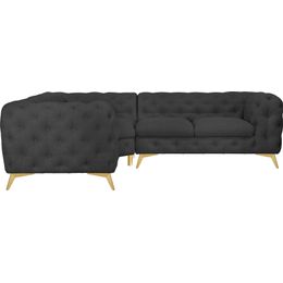 Chesterfield-Sofa LEONIQUE "Ecksofa GLYNIS L-Form mit Wellenunterfederung, Maße B/T/H 264/204/75cm", grau (anthrazit), B:264cm H:75cm T:204cm, Struktur (100% Polyester);Samtoptik (100% Polyester), Sofas, aufwändige Knopfheftung, moderne Chesterfield Optik, Fußfarbe wählbar