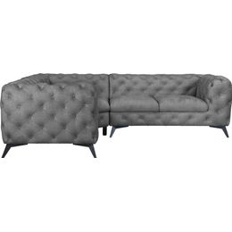 Chesterfield-Sofa LEONIQUE "Ecksofa GLYNIS L-Form mit Wellenunterfederung, Maße B/T/H 264/204/75cm", grau (hellgrau), B:264cm H:75cm T:204cm, Struktur (100% Polyester);Samtoptik (100% Polyester), Sofas, aufwändige Knopfheftung, moderne Chesterfield Optik, Fußfarbe wählbar