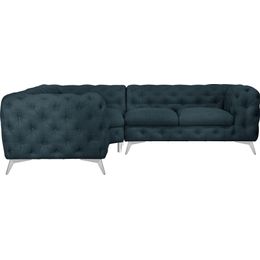 Chesterfield-Sofa LEONIQUE "Ecksofa GLYNIS L-Form mit Wellenunterfederung, Maße B/T/H 264/204/75cm", blau (petrol), B:264cm H:75cm T:204cm, Struktur (100% Polyester);Samtoptik (100% Polyester), Sofas, aufwändige Knopfheftung, moderne Chesterfield Optik, Fußfarbe wählbar