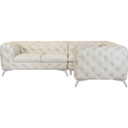 Chesterfield-Sofa LEONIQUE "Ecksofa GLYNIS L-Form mit Wellenunterfederung, Maße B/T/H 264/204/75cm", beige, B:264cm H:75cm T:204cm, Struktur (100% Polyester);Samtoptik (100% Polyester), Sofas, aufwändige Knopfheftung, moderne Chesterfield Optik, Fußfarbe wählbar