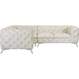 Chesterfield-Sofa LEONIQUE "Ecksofa GLYNIS L-Form mit Wellenunterfederung, Maße B/T/H 264/204/75cm", beige, B:264cm H:75cm T:204cm, Struktur (100% Polyester);Samtoptik (100% Polyester), Sofas, aufwändige Knopfheftung, moderne Chesterfield Optik, Fußfarbe wählbar