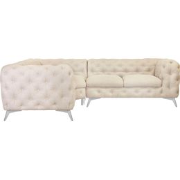 Chesterfield-Sofa LEONIQUE "Ecksofa GLYNIS L-Form mit Wellenunterfederung, Maße B/T/H 264/204/75cm", beige (creme), B:264cm H:75cm T:204cm, Struktur (100% Polyester);Samtoptik (100% Polyester), Sofas, aufwändige Knopfheftung, moderne Chesterfield Optik, Fußfarbe wählbar