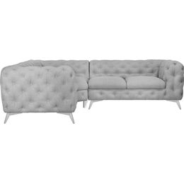 Chesterfield-Sofa LEONIQUE "Ecksofa GLYNIS L-Form mit Wellenunterfederung, Maße B/T/H 264/204/75cm", grau, B:264cm H:75cm T:204cm, Struktur (100% Polyester);Samtoptik (100% Polyester), Sofas, aufwändige Knopfheftung, moderne Chesterfield Optik, Fußfarbe wählbar