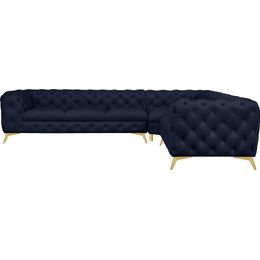 Chesterfield-Sofa LEONIQUE "Ecksofa GLYNIS L-Form mit Wellenunterfederung, Maße B/T/H 323/264/75cm", blau (deep ocean), B:323cm H:75cm T:264cm, Struktur (100% Polyester);Samtoptik (100% Polyester), Sofas, aufwändige Knopfheftung, moderne Chesterfield Optik, Fußfarbe wählbar