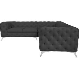 Chesterfield-Sofa LEONIQUE "Ecksofa GLYNIS L-Form mit Wellenunterfederung, Maße B/T/H 323/264/75cm", grau (anthrazit), B:323cm H:75cm T:264cm, Struktur (100% Polyester);Samtoptik (100% Polyester), Sofas, aufwändige Knopfheftung, moderne Chesterfield Optik, Fußfarbe wählbar