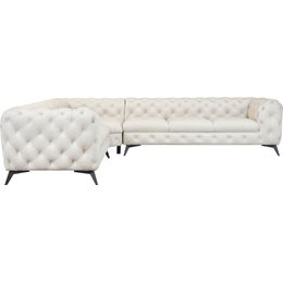 Chesterfield-Sofa LEONIQUE "Ecksofa GLYNIS L-Form mit Wellenunterfederung, Maße B/T/H 323/264/75cm", beige, B:323cm H:75cm T:264cm, Struktur (100% Polyester);Samtoptik (100% Polyester), Sofas, aufwändige Knopfheftung, moderne Chesterfield Optik, Fußfarbe wählbar