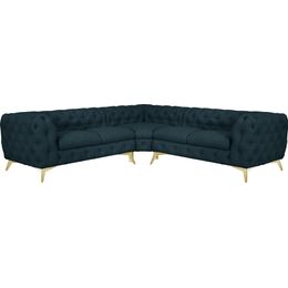 Chesterfield-Sofa LEONIQUE "Ecksofa GLYNIS L-Form mit Wellenunterfederung, Maße B/T/H 264/264/75cm", blau (petrol), H:75cm T:264cm, Struktur (100% Polyester);Samtoptik (100% Polyester), Sofas, aufwändige Knopfheftung, moderne Chesterfield Optik, Fußfarbe wählbar