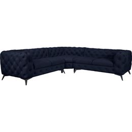 Chesterfield-Sofa LEONIQUE "Ecksofa GLYNIS L-Form mit Wellenunterfederung, Maße B/T/H 264/264/75cm", blau (deep ocean), B:264cm H:75cm T:264cm, Struktur (100% Polyester);Samtoptik (100% Polyester), Sofas, aufwändige Knopfheftung, moderne Chesterfield Optik, Fußfarbe wählbar