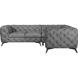Chesterfield-Sofa LEONIQUE "Ecksofa GLYNIS L-Form mit Wellenunterfederung, Maße B/T/H 264/204/75cm", grau (hellgrau), B:264cm H:75cm T:204cm, Struktur (100% Polyester);Samtoptik (100% Polyester), Sofas, aufwändige Knopfheftung, moderne Chesterfield Optik, Fußfarbe wählbar