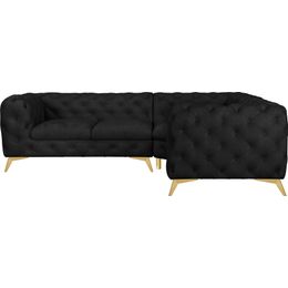 Chesterfield-Sofa LEONIQUE "Ecksofa GLYNIS L-Form mit Wellenunterfederung, Maße B/T/H 323/264/75cm", grau (charcoal), B:323cm H:75cm T:264cm, Struktur (100% Polyester);Samtoptik (100% Polyester), Sofas, aufwändige Knopfheftung, moderne Chesterfield Optik, Fußfarbe wählbar