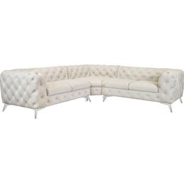 Chesterfield-Sofa LEONIQUE "Ecksofa GLYNIS L-Form mit Wellenunterfederung, Maße B/T/H 264/264/75cm", beige, H:75cm T:264cm, Struktur (100% Polyester);Samtoptik (100% Polyester), Sofas, aufwändige Knopfheftung, moderne Chesterfield Optik, Fußfarbe wählbar
