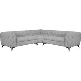 Chesterfield-Sofa LEONIQUE "Ecksofa GLYNIS L-Form mit Wellenunterfederung, Maße B/T/H 264/264/75cm", grau, B:264cm H:75cm T:264cm, Struktur (100% Polyester);Samtoptik (100% Polyester), Sofas, aufwändige Knopfheftung, moderne Chesterfield Optik, Fußfarbe wählbar