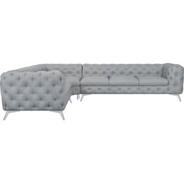 Chesterfield-Sofa LEONIQUE "Ecksofa GLYNIS L-Form mit Wellenunterfederung, Maße B/T/H 323/264/75cm", grau, B:323cm H:75cm T:264cm, Struktur (100% Polyester);Samtoptik (100% Polyester), Sofas, aufwändige Knopfheftung, moderne Chesterfield Optik, Fußfarbe wählbar