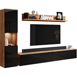 Wohnwand Inosign "PARIS, Vitrine Türanschlag links/rechts wechselbar", schwarz (kastanien breslau, schwrz hochglanz), B:220cm H:130cm T:33cm, Kastenmöbel-Sets, grifflose Design, stehend und hängend montierbar