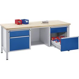 ANKE Werkbank, Gestellbauweise Serie V, Schubladen 2 x 180 mm, 2 x 360 mm, ½ Ablageboden, Buche massiv, Vollauszug