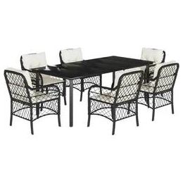 vidaXL 7-tlg. Garten-Essgruppe mit Kissen Schwarz Poly Rattan