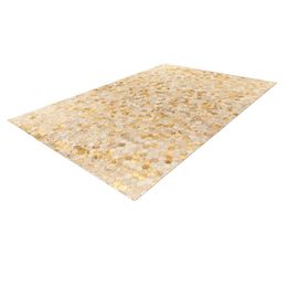 Kayoom Lederteppich &raquo;Ravi 400 - Fellteppich&laquo; rechteckig 8 mm H&ouml;he metallische Effekte, Patchwork Dessin, Rindsfell mit Wollr&uuml;cken goldfarben...