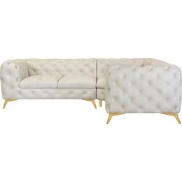 Chesterfield-Sofa LEONIQUE "Ecksofa GLYNIS L-Form mit Wellenunterfederung, Maße B/T/H 264/204/75cm", beige, B:264cm H:75cm T:204cm, Struktur (100% Polyester);Samtoptik (100% Polyester), Sofas, aufwändige Knopfheftung, moderne Chesterfield Optik, Fußfarbe wählbar