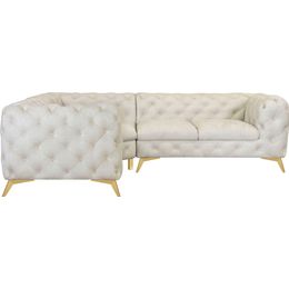 Chesterfield-Sofa LEONIQUE "Ecksofa GLYNIS L-Form mit Wellenunterfederung, Maße B/T/H 264/204/75cm", beige, B:264cm H:75cm T:204cm, Struktur (100% Polyester);Samtoptik (100% Polyester), Sofas, aufwändige Knopfheftung, moderne Chesterfield Optik, Fußfarbe wählbar