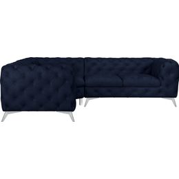 Chesterfield-Sofa LEONIQUE "Ecksofa GLYNIS L-Form mit Wellenunterfederung, Maße B/T/H 264/204/75cm", blau (deep ocean), B:264cm H:75cm T:204cm, Struktur (100% Polyester);Samtoptik (100% Polyester), Sofas, aufwändige Knopfheftung, moderne Chesterfield Optik, Fußfarbe wählbar