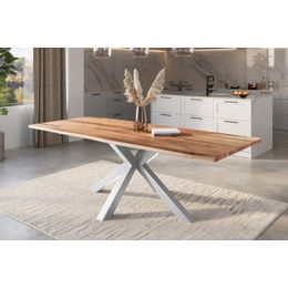 Baumkantentisch Akazie natur mit schwarzen Resin-Adern 260 x 100 cm Spider-Gestell silber POLLY