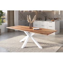 Baumkantentisch Akazie natur mit schwarzen Resin-Adern 260 x 100 cm Spider-Gestell weiß POLLY