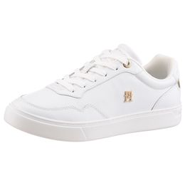 Plateausneaker Tommy Hilfiger "ESSENTIAL ELEVATED COURT SNEAKER", Damen, Gr. 36, gold (weiß, goldfarben), Leder, Schuhe, Freizeitschuh, Halbschuh, Schnürer im Basket-Look