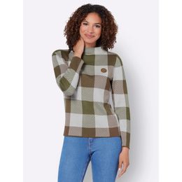 WITT Damen Langarm-Pullover mit Karomuster, oliv-ecru-gemustert, Gr&ouml;&szlig;e 40