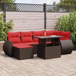 vidaXL 7-tlg. Garten-Sofagarnitur mit Kissen Braun Poly Rattan Akazie