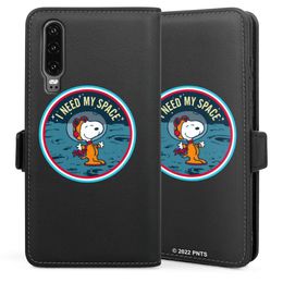 DeinDesign Huawei P30 Handy Klapph&uuml;lle Handyh&uuml;lle aus Kunst Leder schwarz Flip Case Peanuts Snoopy Weltall Sideflip mit langer Lasche