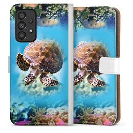 DeinDesign Galaxy A33 5G Handy Klapph&uuml;lle Handyh&uuml;lle aus Kunst Leder wei&szlig; Flip Case Animals Ocean Turtle Sideflip mit Lasche