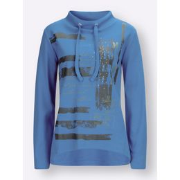 WITT Damen Sweatshirt mit Glitzersteinchen im Vorderteil, mittelblau, Gr&ouml;&szlig;e 54