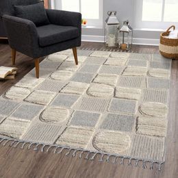 Hochflor-Teppich Carpet City "VALENCIA 950", blau (grau, blau), B:200cm H:20mm L:290cm, Obermaterial: 55% Polypropylen, 45% Sisal, Teppiche, Fransenteppich, Läufer, Boho-Stil, Hochtief-Muster/ 3D-Effekt, mit Fransen