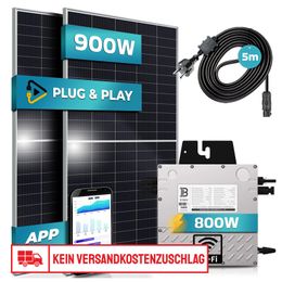 SUNNIVA&reg; 900W Balkonkraftwerk 800W komplett Steckdose - Beny 800W Wechselrichter - PV Solaranlage Komplettset - 2x 450W (900W) Solarmodule - inkl. 5m Kabel -WIFI