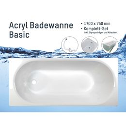sanicomfort Badewanne Komplettset Basic Rechteck 170x75 cm mit Wannentr&auml;ger und Ablaufgarnitur, Acryl-Badewanne, wei&szlig;, 1700 x 750 mm