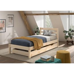 Vipack Einzelbett Pino 90x200 cm, mit Lattenrost, inkl. 2 Schubladen, natur lackiert
