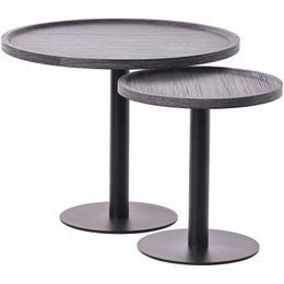 CLP 2er Set Beistelltische Aspen I 2 Couchtische mit runder Tischplatte aus Holz I Wohnzimmertische mit matt-schwarzem Metallgestell