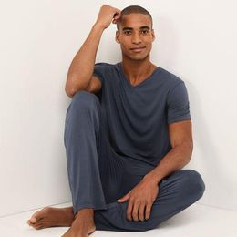 LANDS' END Kühlendes Jersey-Pyjama-Set mit kurzen Ärmeln, Herren,  Blau, Elasthan/Viskose-Mischung, by Lands' End