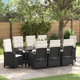 9-teiliges Garten-Dining-Set mit Kissen aus schwarzem Poly-Rattan