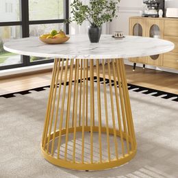 Flieks eleganter Rundtisch Esstisch, Küchentisch mit marmorierte Tischplatte und goldenen Metallbeinen, Couchtisch für Esszimmer, Wohnzimmer