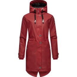 Regenjacke Navahoo "Rainy Flower", Damen, Gr. M (38), rot (blutrot), Obermaterial: 70% Polyester, 30% Polyurethan, Innenfutter: 100% Polyester, Ärmelfutter: 100% Polyester, Wattierung: 100% Polyester, gerade Po-bedeckend, hoch geschlossener Ausschnitt, Ärmel ohne Ärmelschlitz Rippstrickbündchen mit Druckknopf, Jacken, modischer Damen Regenmantel mit Kapuze