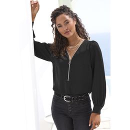 Lascana Damen Langarmbluse, schwarz, Gr. 38, unifarben, Web, Obermaterial: 100% Polyester, Blusen, mit Rei&szlig;verschlussdetail, elegante Damenbluse